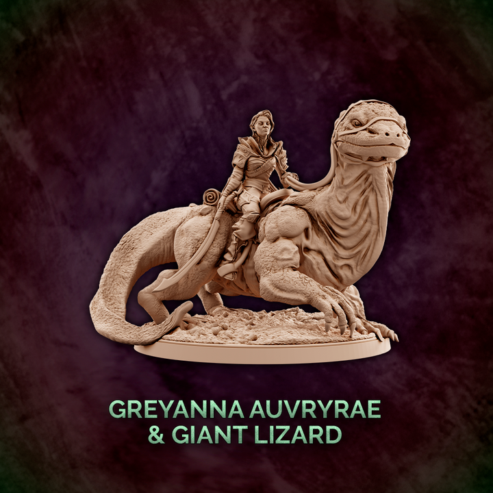 3D Printable Greyanna and Giant Lizard - Drow Ranger by Artificers_Mini